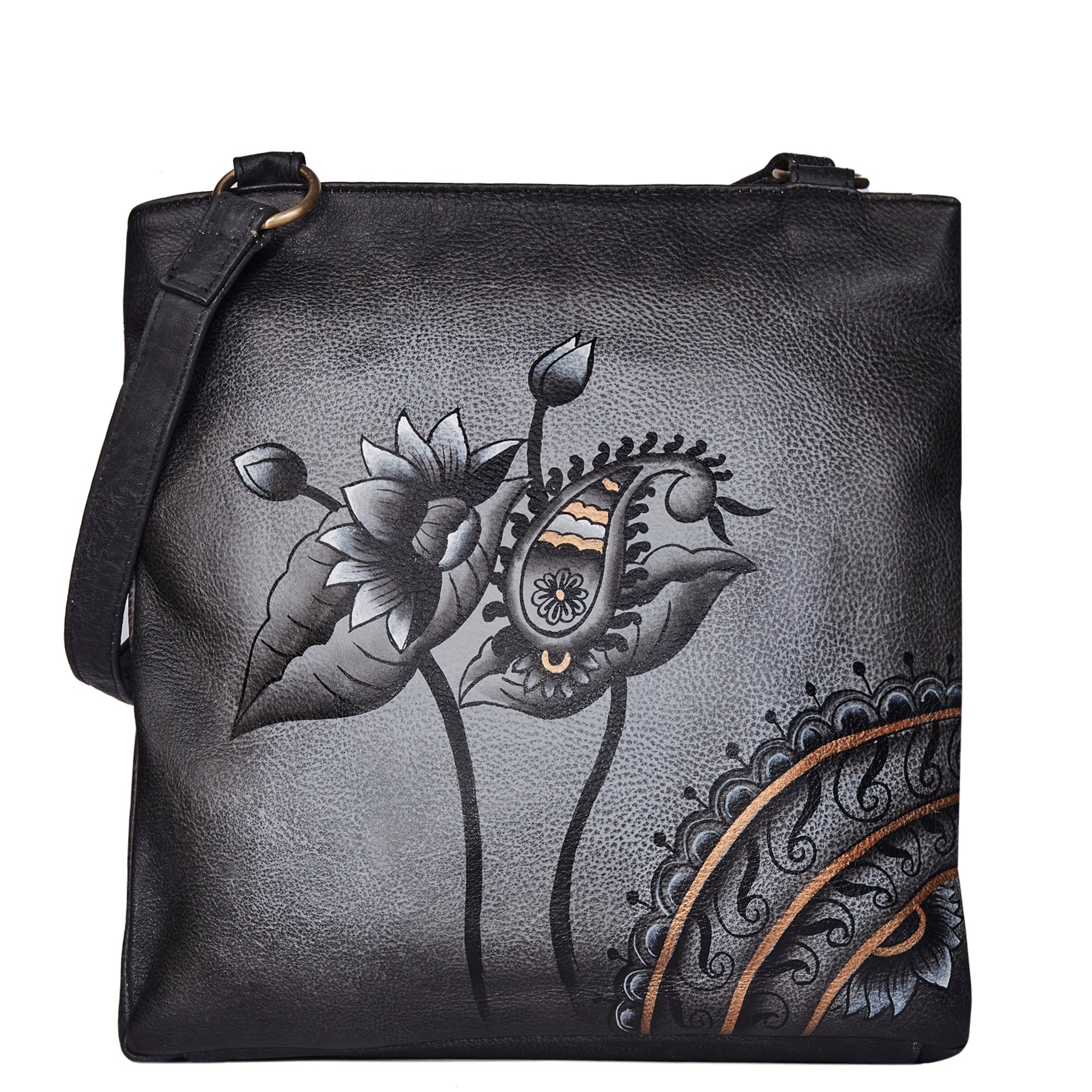 Women's Hand-Painted Leather Shoulder Bag - Paisley Artwork – Sishka